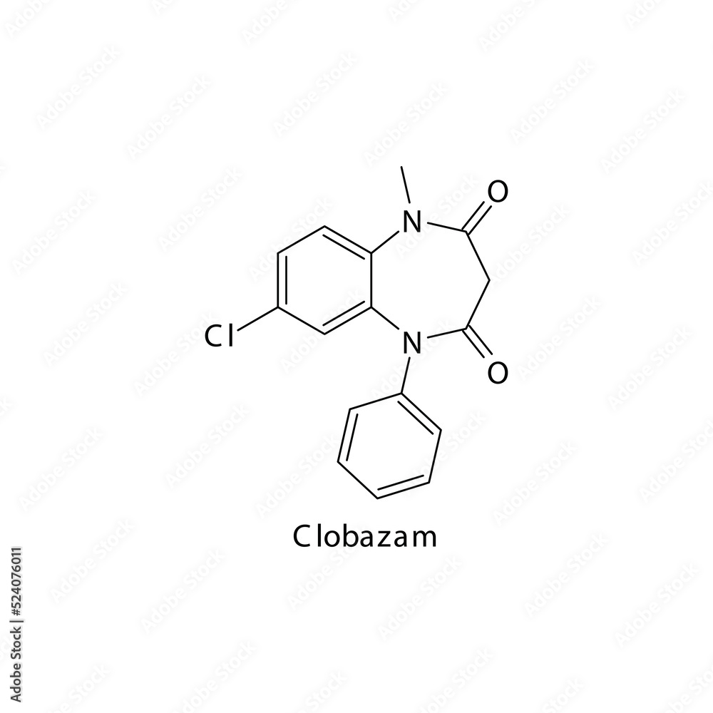 Clobazam molecule flat skeletal structure, Benzodiazepine class drug ...