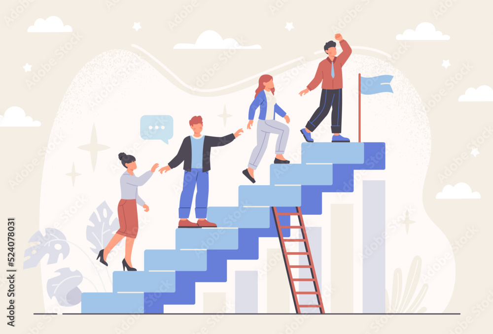 Manager qualification or growth process concept. Employees move up career ladder and complete ...