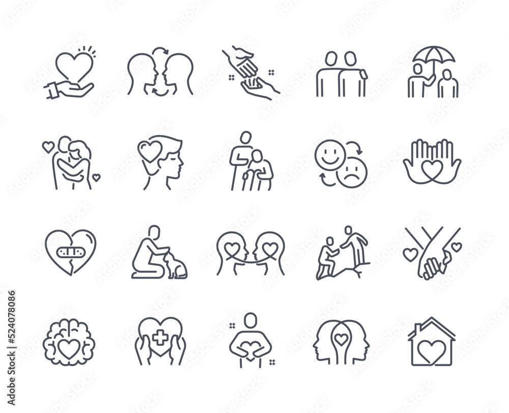 Empathy line icon set. Psychological help, support, comforting hugs and ...