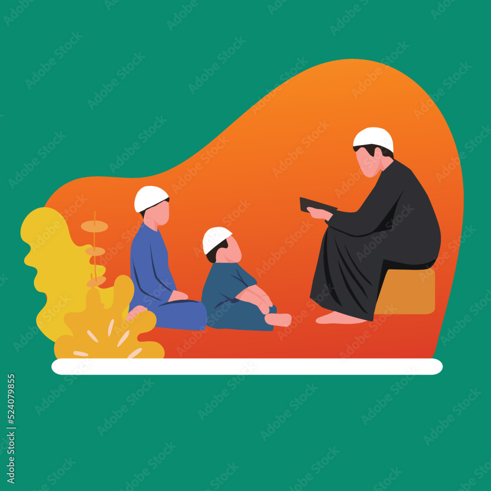 Simple Vector illustration drawing of Muslim father as a parent reading ...