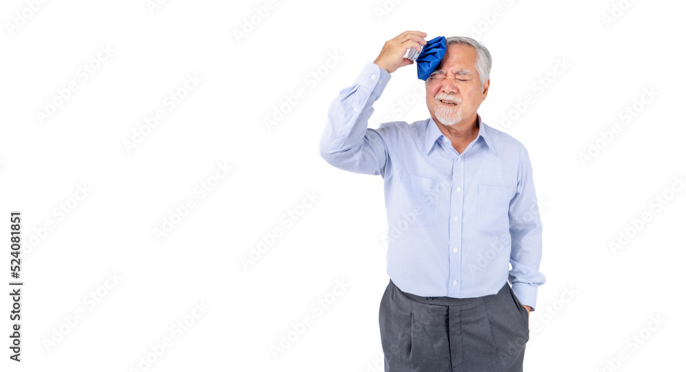 Health problems, Feeling terrible headache, Senior man applying ice ...