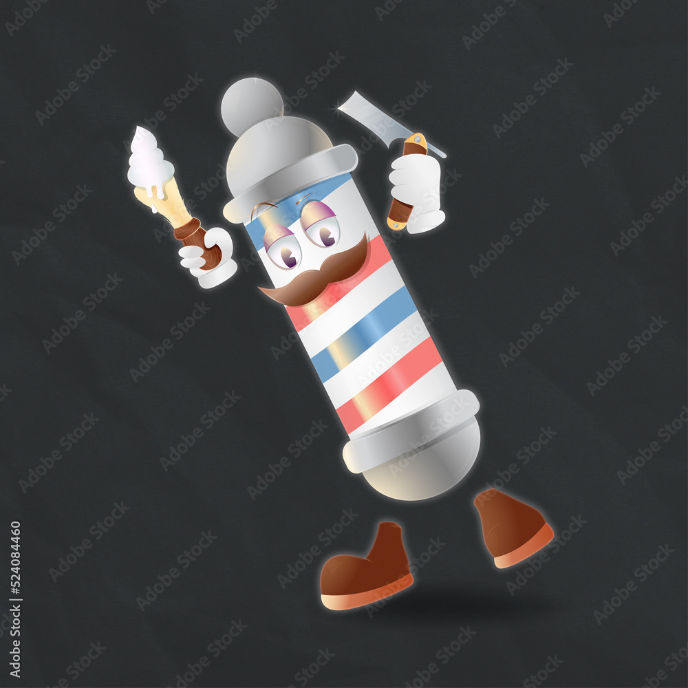 Illustration barber pole character with mustache. In the hands of a ...