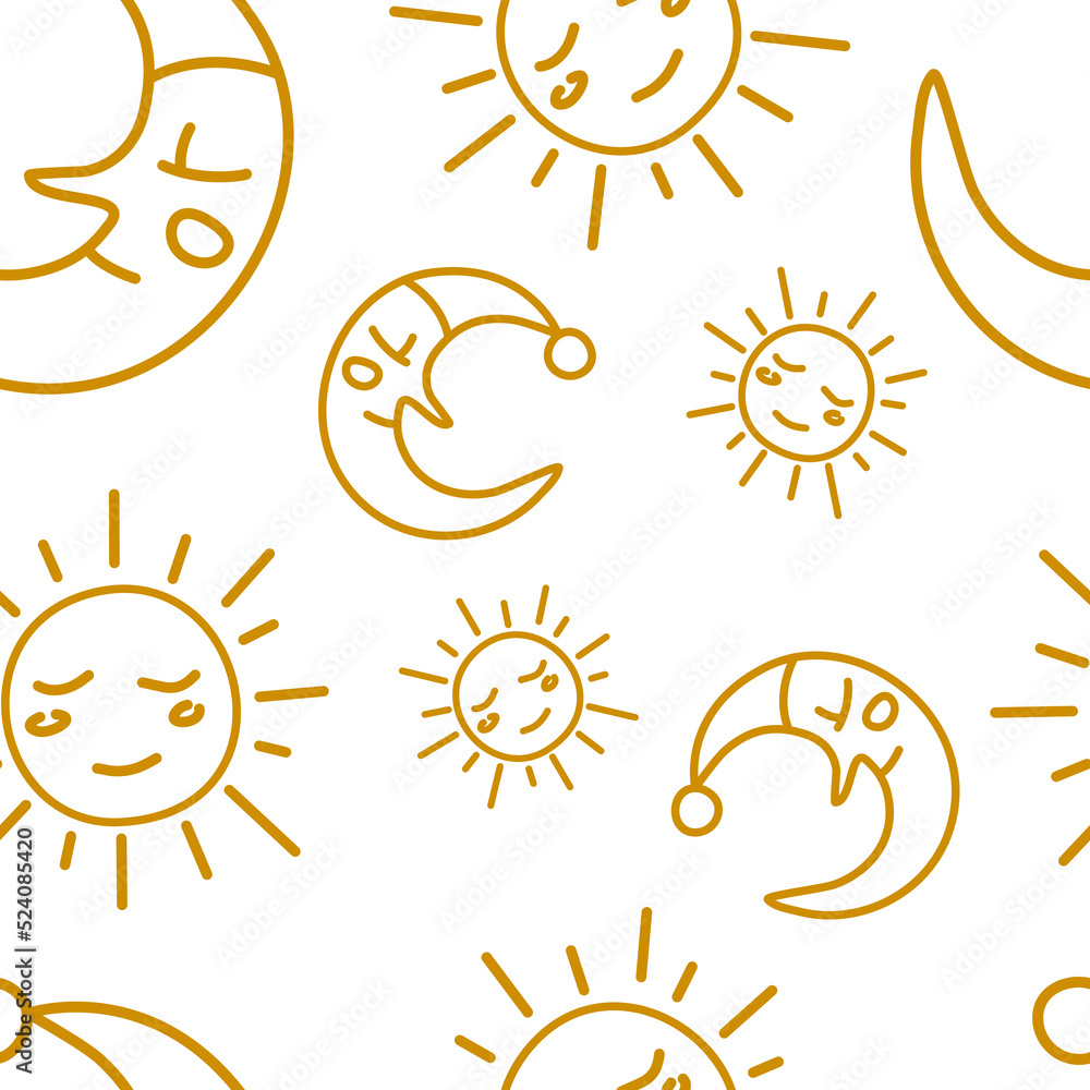 Vector seamless pattern with smiling sun and sleeping moon in nightcap ...