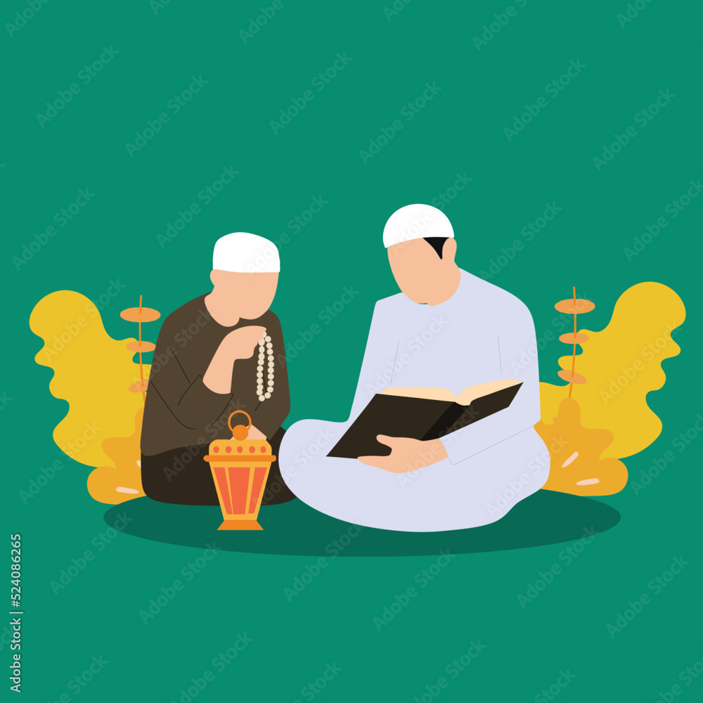 Simple Vector illustration drawing of two Muslim people reading and ...