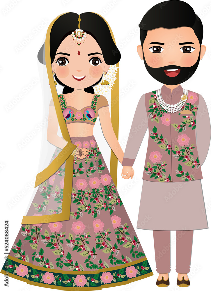 Bride and groom cute couple in traditional indian dress cartoon ...