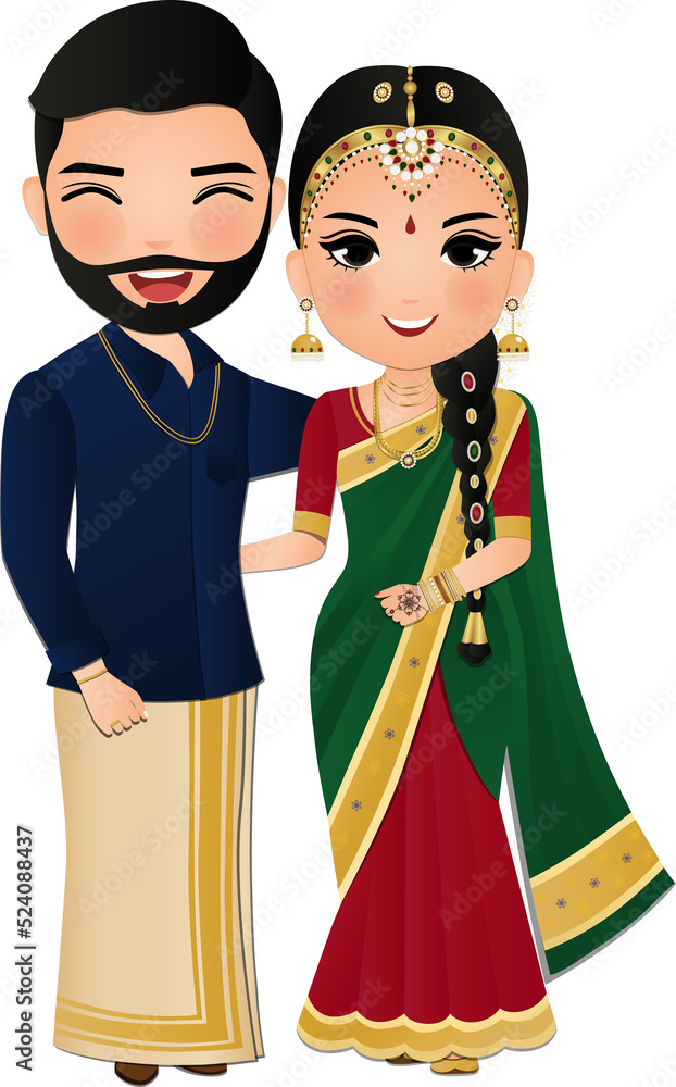 Bride and groom cute couple in traditional indian dress cartoon ...