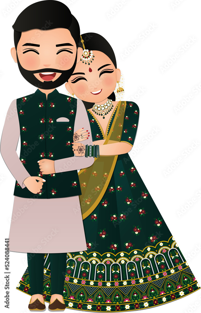 Bride and groom cute couple in traditional indian dress cartoon ...
