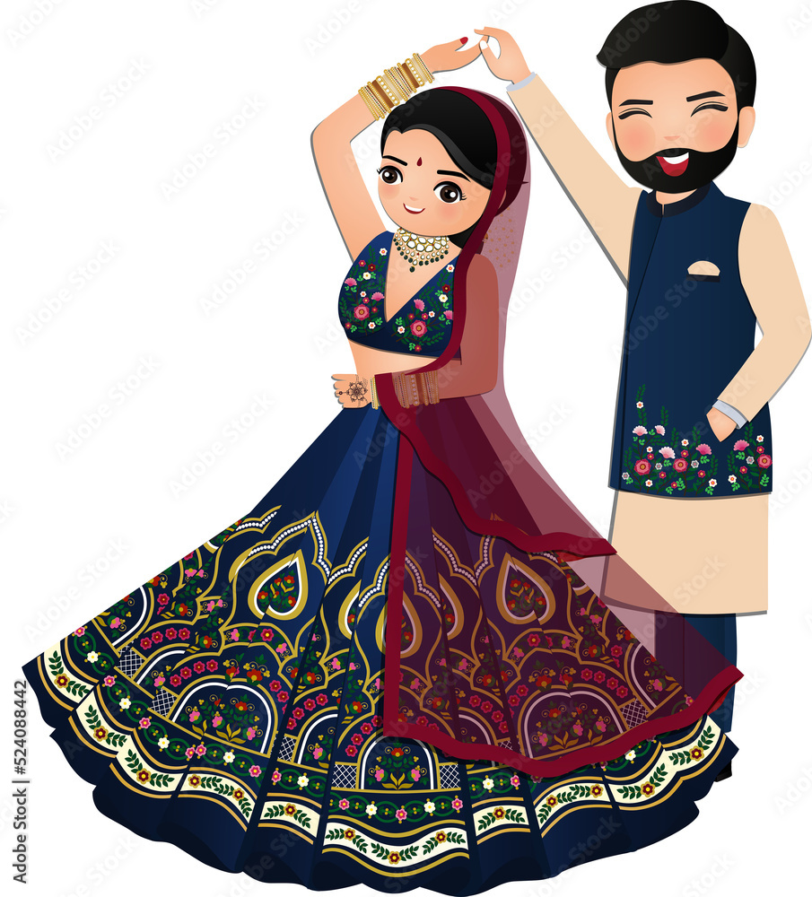 Bride and groom cute couple in traditional indian dress cartoon ...