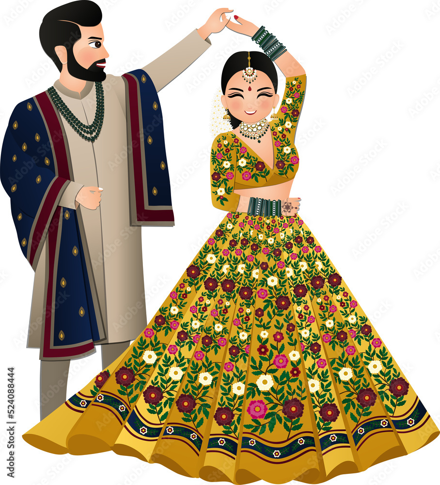 Bride and groom cute couple in traditional indian dress cartoon ...