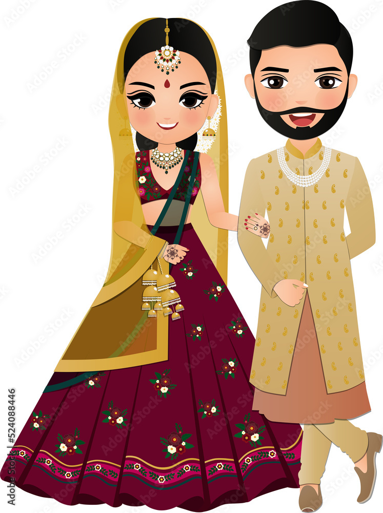 Bride and groom cute couple in traditional indian dress cartoon ...