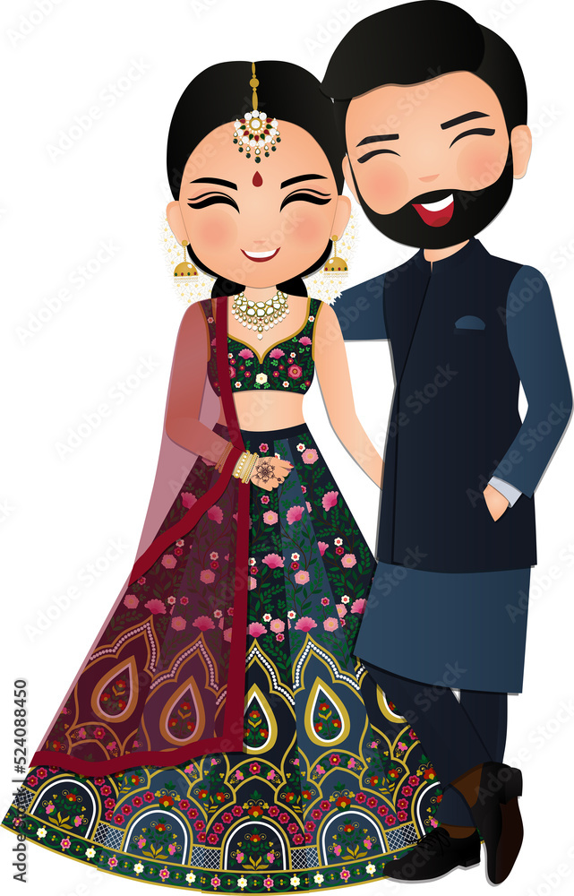 Bride And Groom Cute Couple In Traditional Indian Dress Cartoon