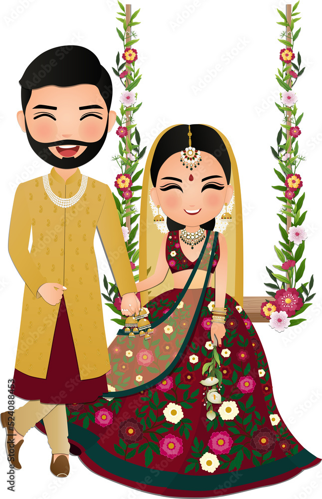Bride and groom cute couple in traditional indian dress cartoon ...