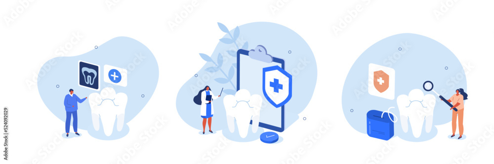 Dental care illustration set. Doctor dentist and medical staff taking ...