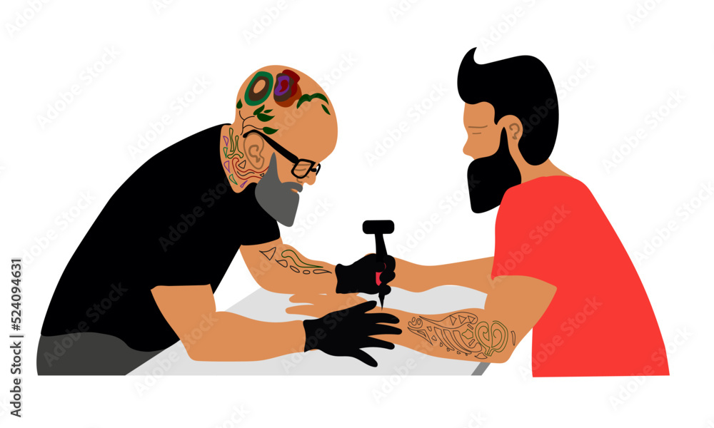 Tattoo Master Make Ink Picture to Man in Parlor. Professional Tattooist ...