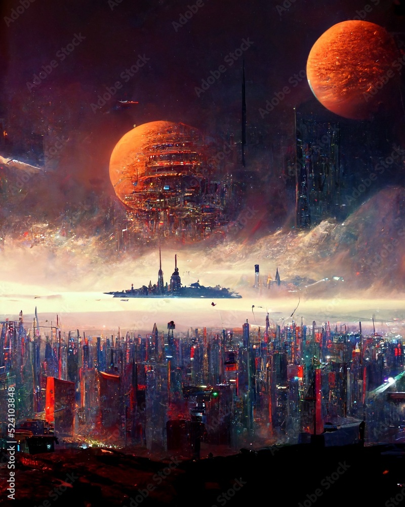 futuristic city on alien planetary system, digital painting, concept ...