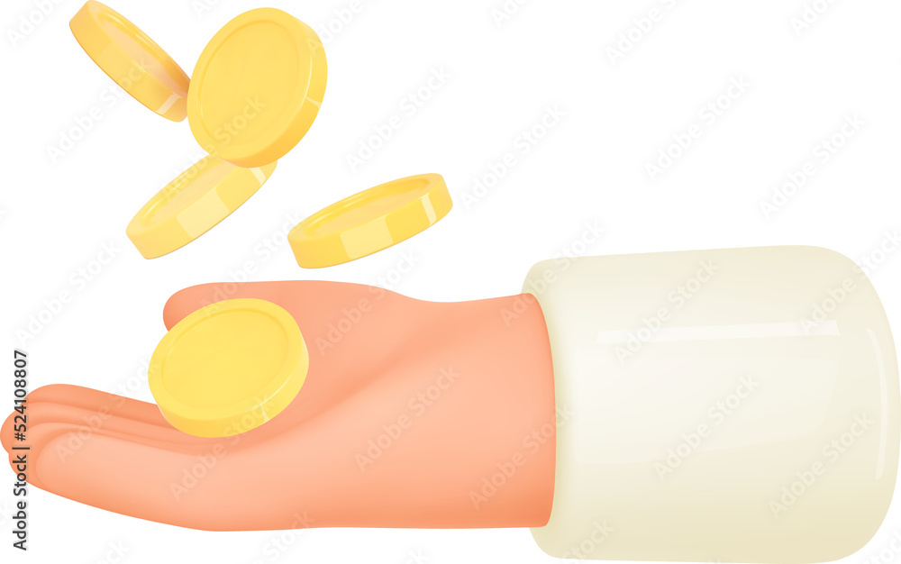Hand and money emoji. 3d render hand hold coin icon. Business, capital ...