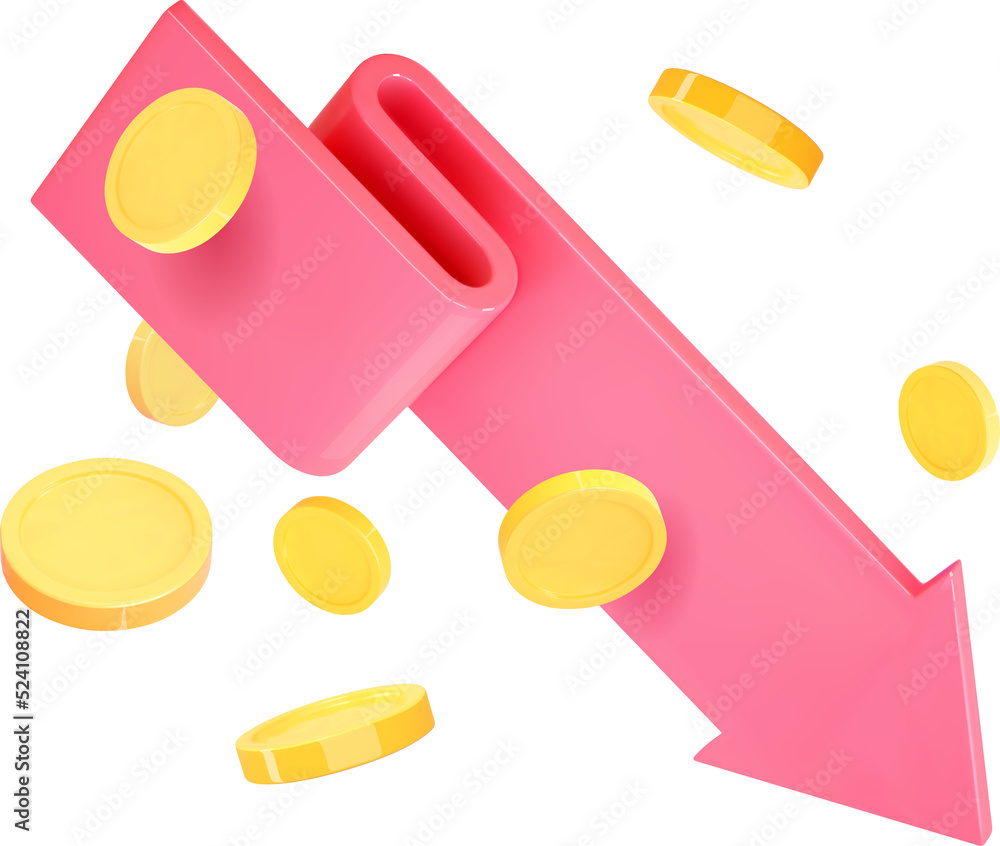 3d render chart arrow and flying coins. Red flexible falling down stock ...