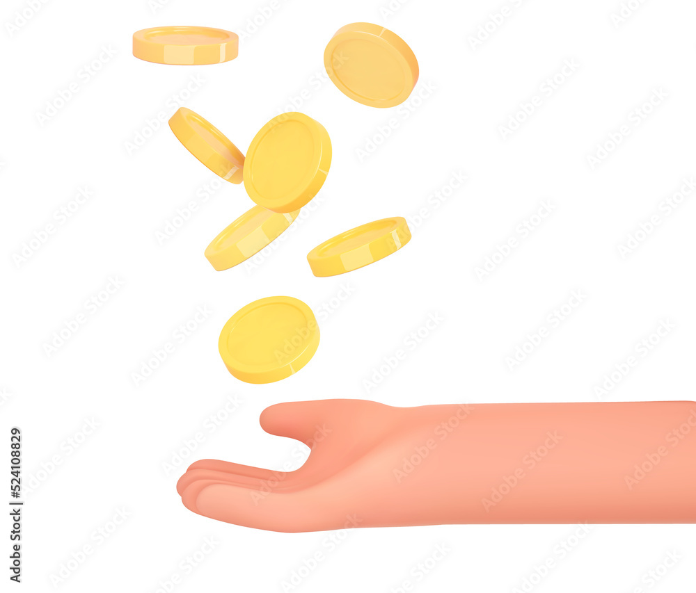 Hand and money emoji. 3d render hand hold coin icon. Business, capital ...