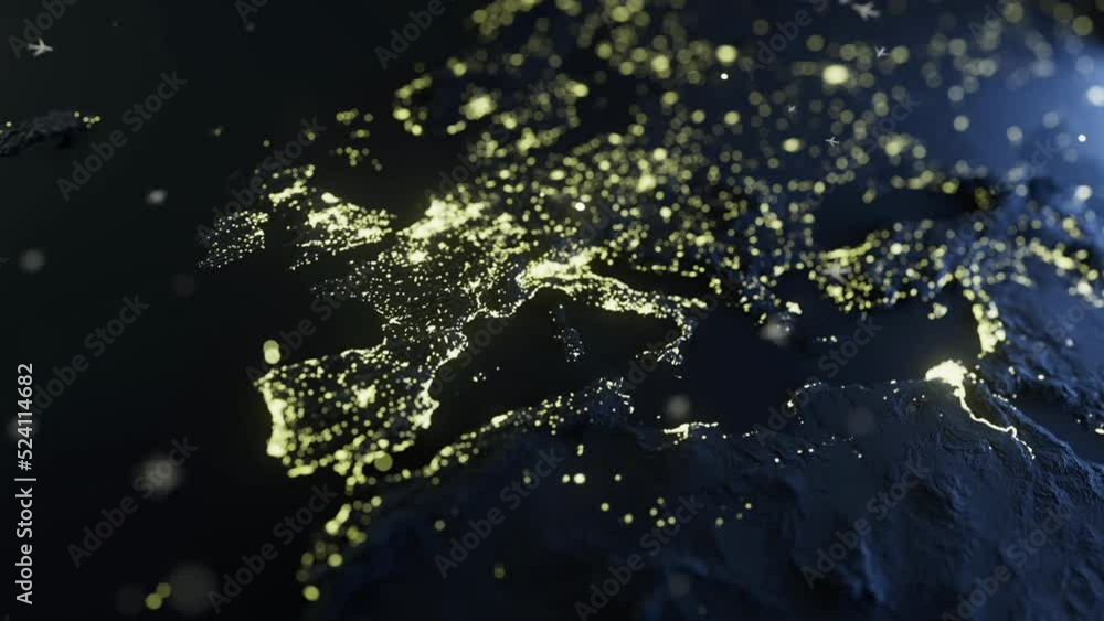 Map of aircraft flights over Europe. Glowing night map of Europe with ...