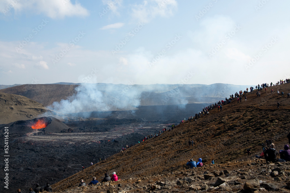 MERADALIR, ICELAND - AUGUST 14, 2022: A volcanic eruption has started ...