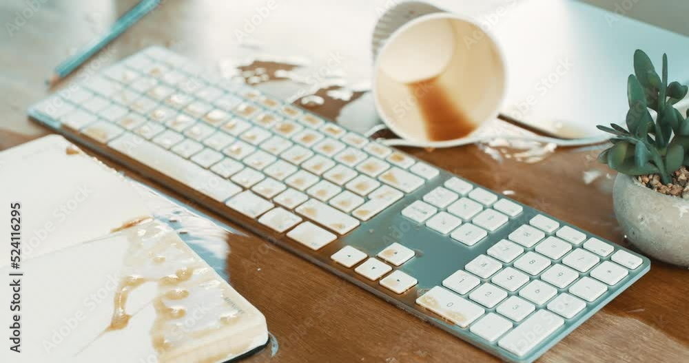Video „Mistake, messy coffee spilling on a computer keyboard at work in ...