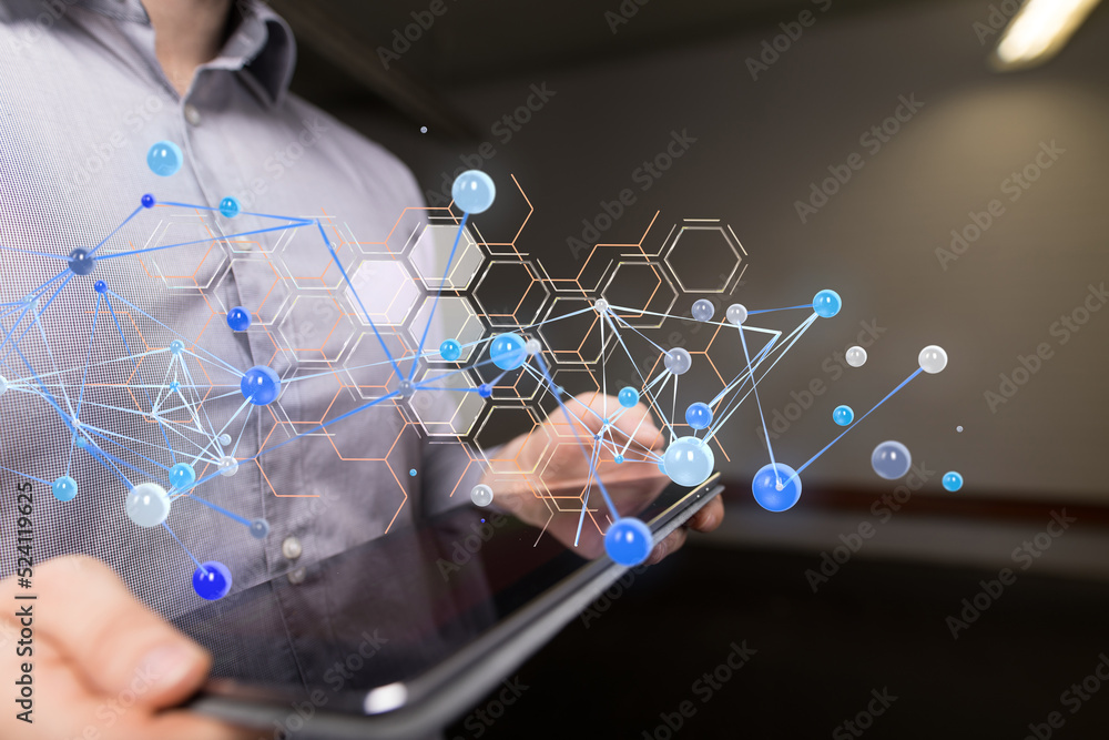 Global network. Blockchain. 3D illustration. Neural networks and ...