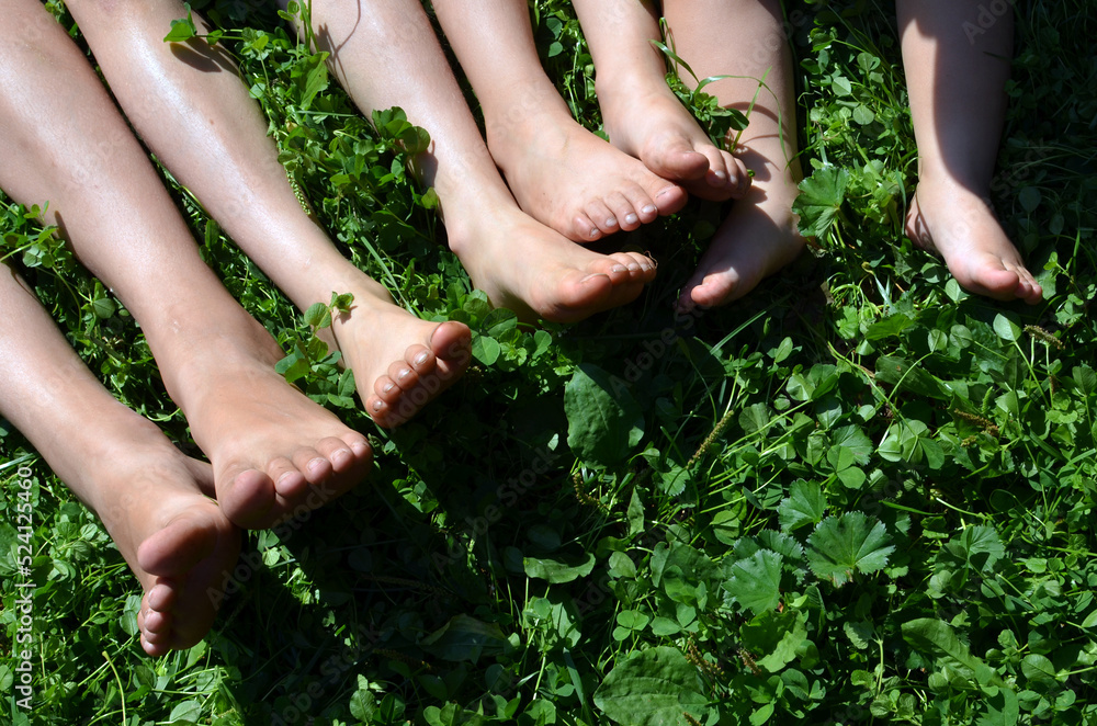 Children's feet on the grass on a sunny day, summer photo of the feet ...