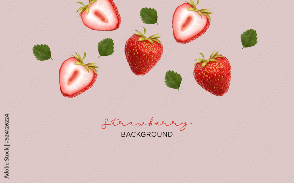 Strawberry background, realistic strawberry fruit, summer banner ...