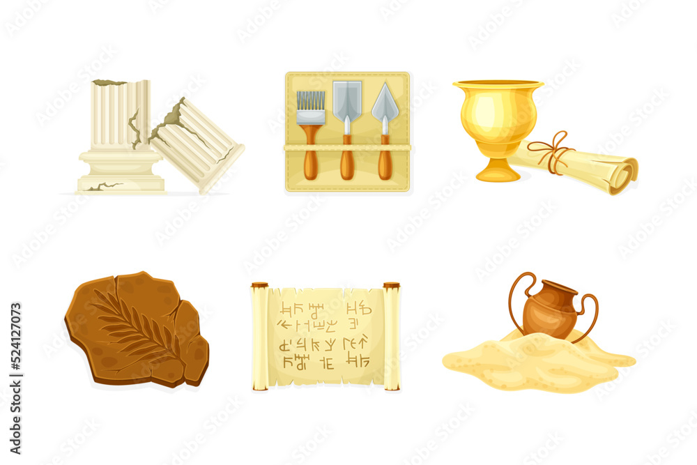 Archeology Tools and Ancient Artifact with Papyrus Scroll, Ruined ...