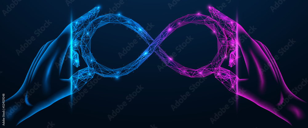 Hands hold the symbol of the infinity of the metaverse. Transition to ...