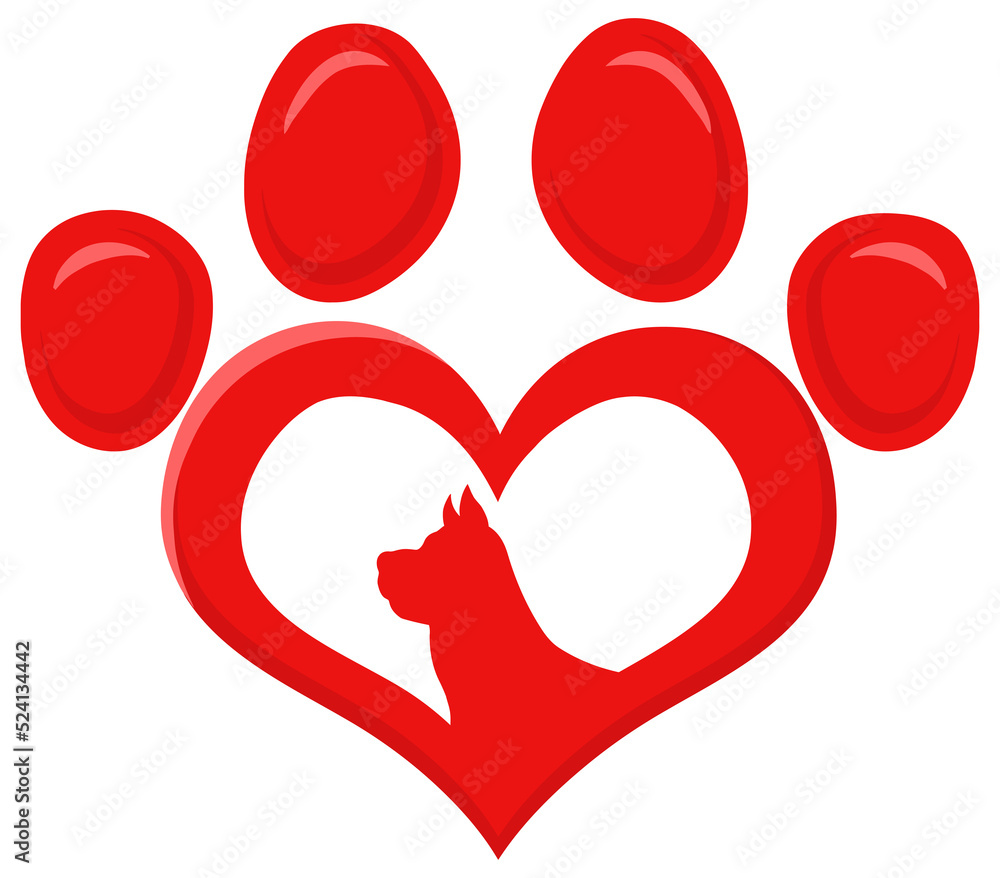 Red Love Paw With Dog Silhouette Print Logo Flat Design. Hand Drawn ...
