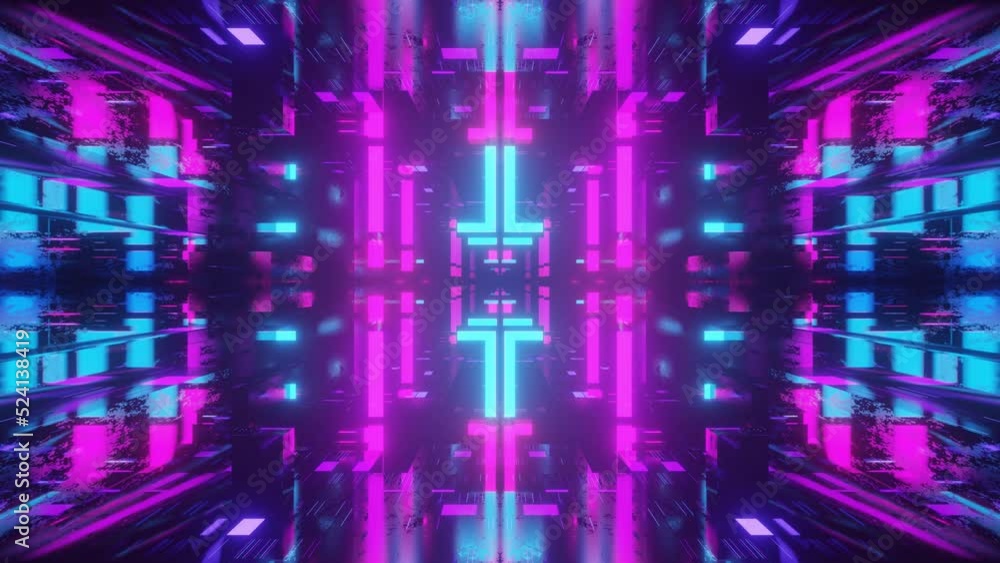 Fly through symmetrical technology cyberspace with neon glow. Sci-fi ...