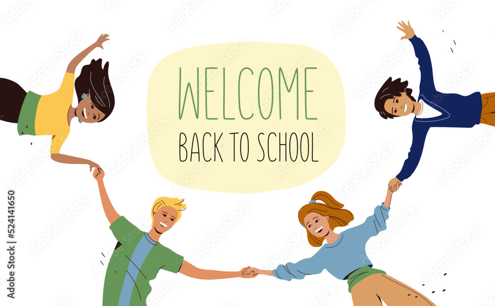 Back to school. A boys and a girls holding hands. The multicultural ...