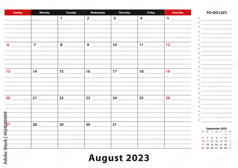 August 2023 Monthly Desk Pad Calendar week starts from sunday, size A3 ...