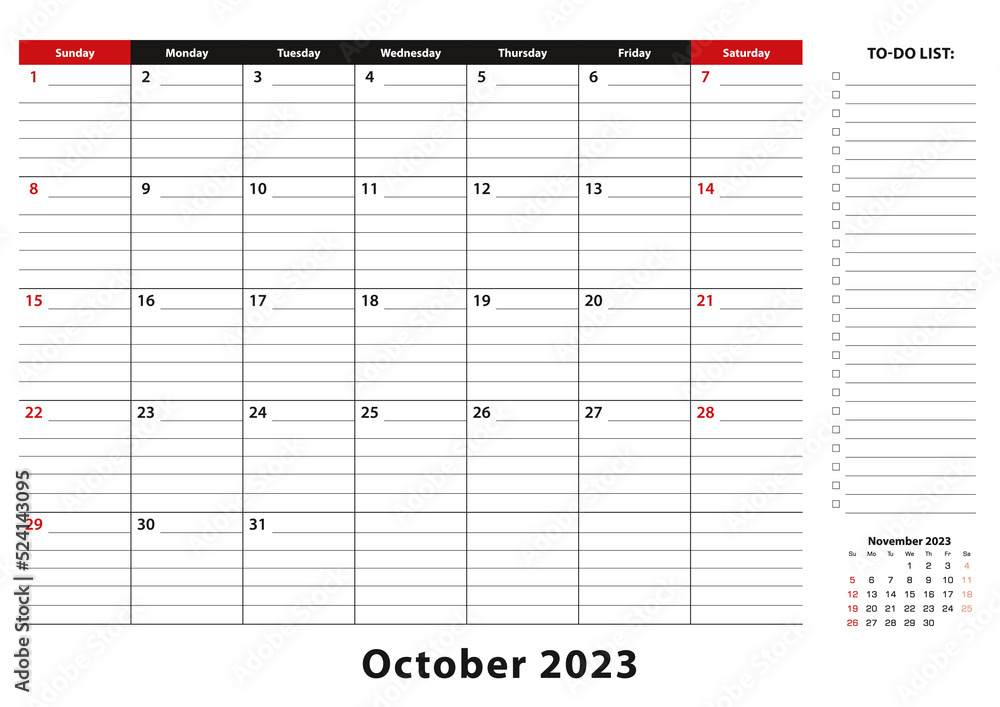 October 2023 Monthly Desk Pad Calendar week starts from sunday, size A3 ...