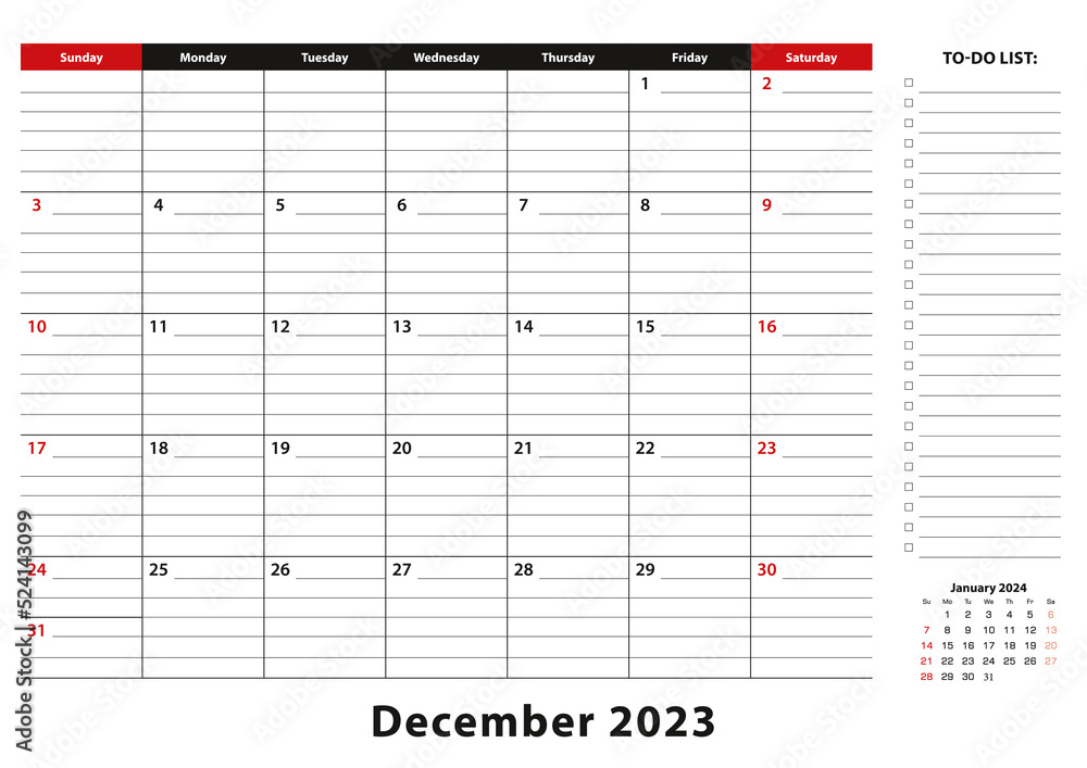 Vecteur Stock December 2023 Monthly Desk Pad Calendar week starts from ...