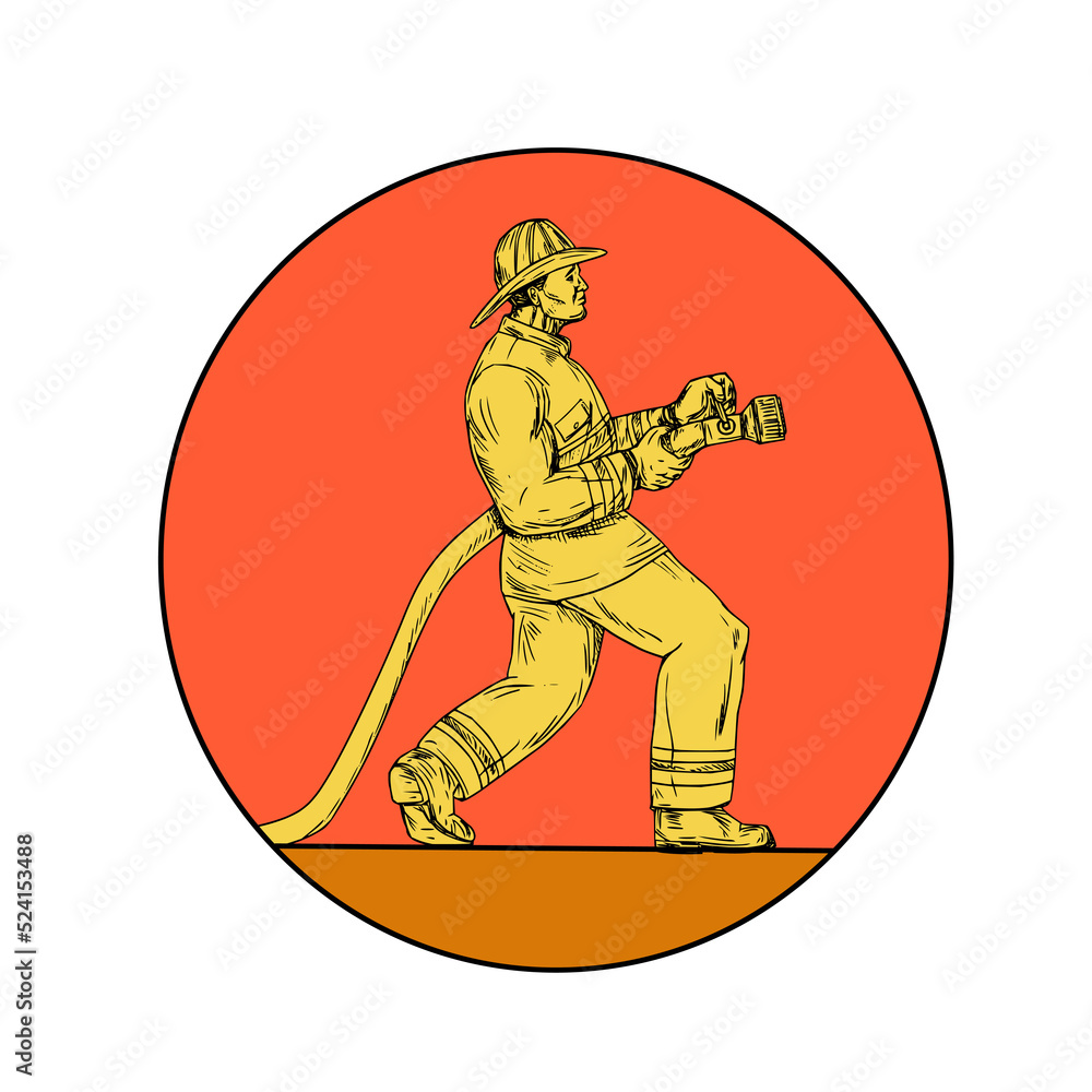 Fireman Firefighter Holding Fire Hose Circle Drawing Stock Illustration ...