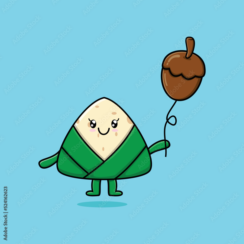 Cute cartoon chinese rice dumpling floating with acorn balloon cartoon ...