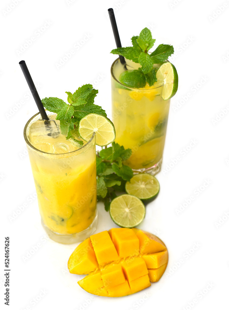 Mango mojito in highball glass with sliced mango isolated on white ...