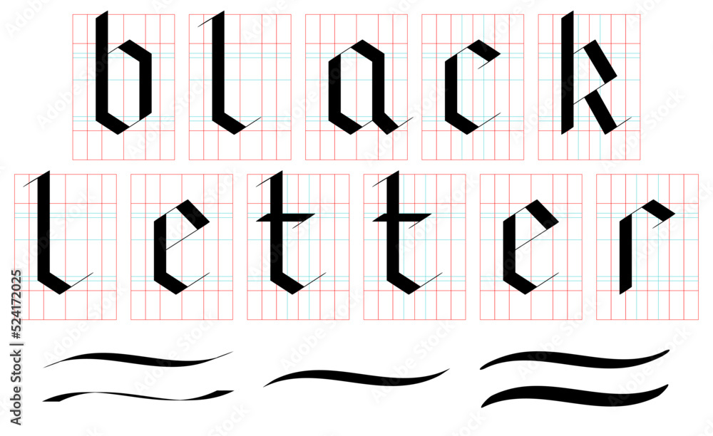 Editable Blackletter font concept with grid template + 5 calligraphic ...