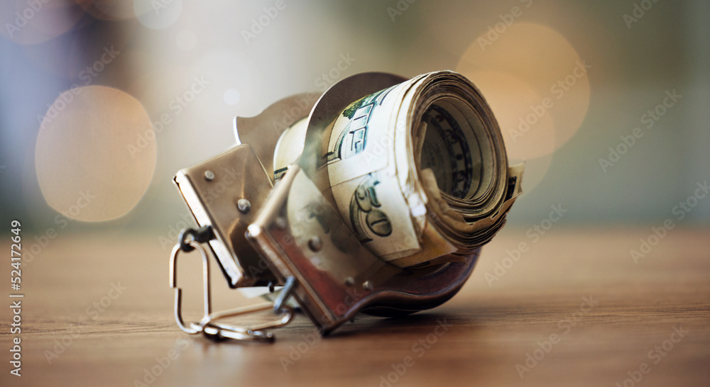 . Bribe, corruption and money laundering with handcuffs on banknotes ...