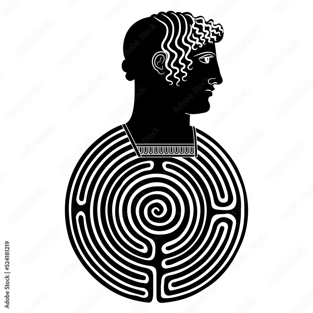 Head of ancient Greek hero on top of a round spiral maze or labyrinth ...