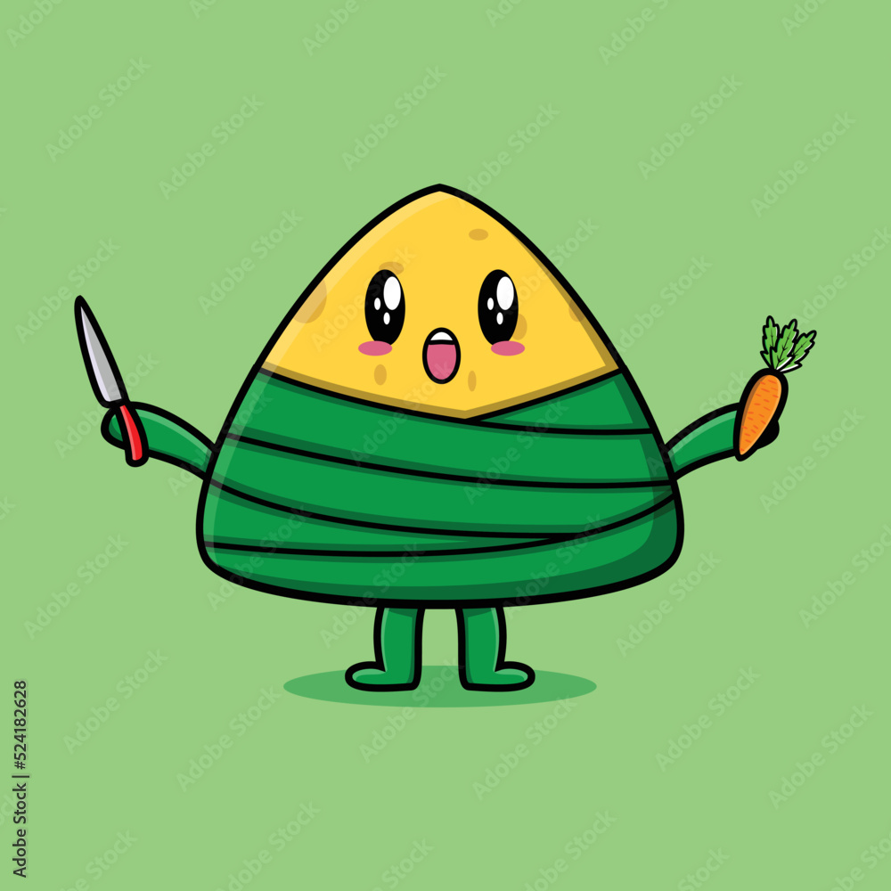 Cute cartoon chinese rice dumpling character holding knife and wood in ...