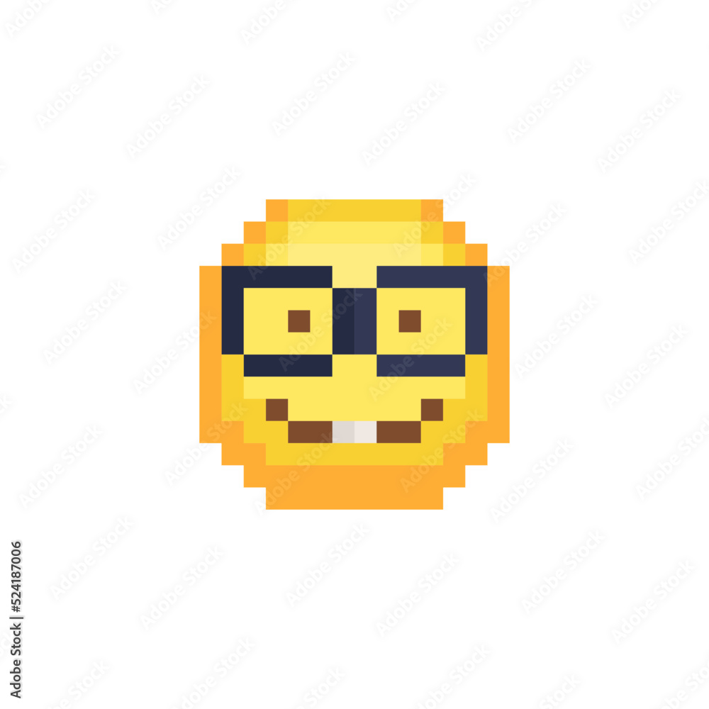 Nerd face. Smiling emoticon wearing eyeglasses, emoji, smiley. Pixel ...