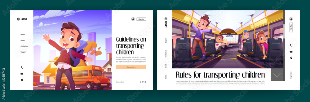 Children transporting rules and guideline landing pages. Funny little ...