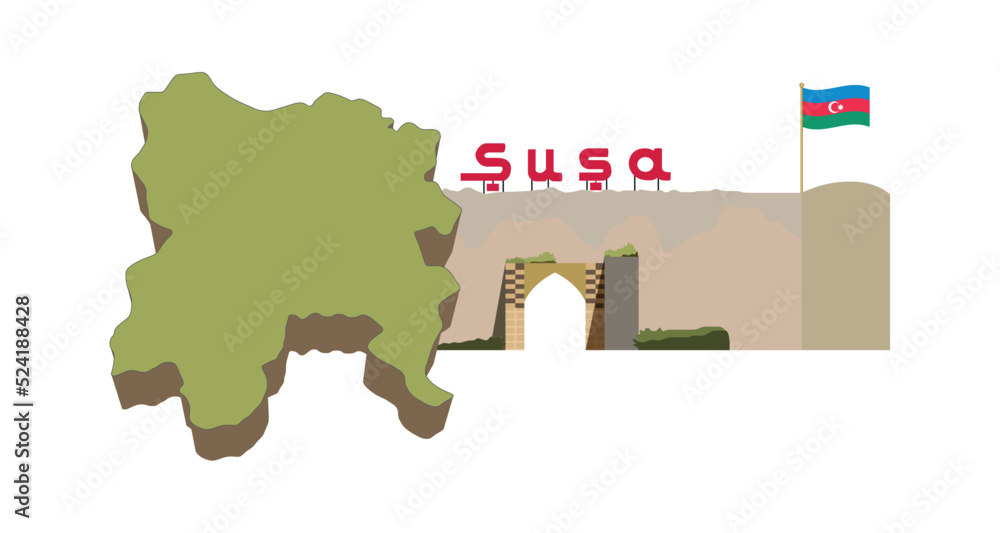Map Entrance logo of the city of Shusha and Azerbaijan flag graphic ...
