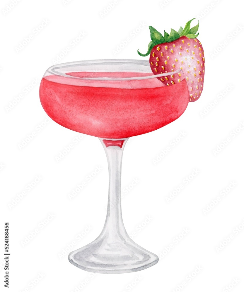 Strawberry daiquiri cocktail watercolor hand drawn illustration. Drink ...