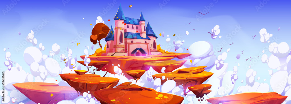 Pink magic castle on floating island in blue sky with fluffy clouds ...