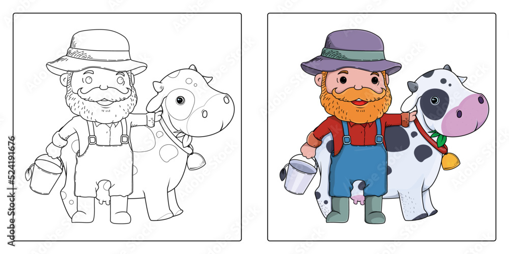 Handdraw cute rancher with cow coloring pages premium vector Stock ...