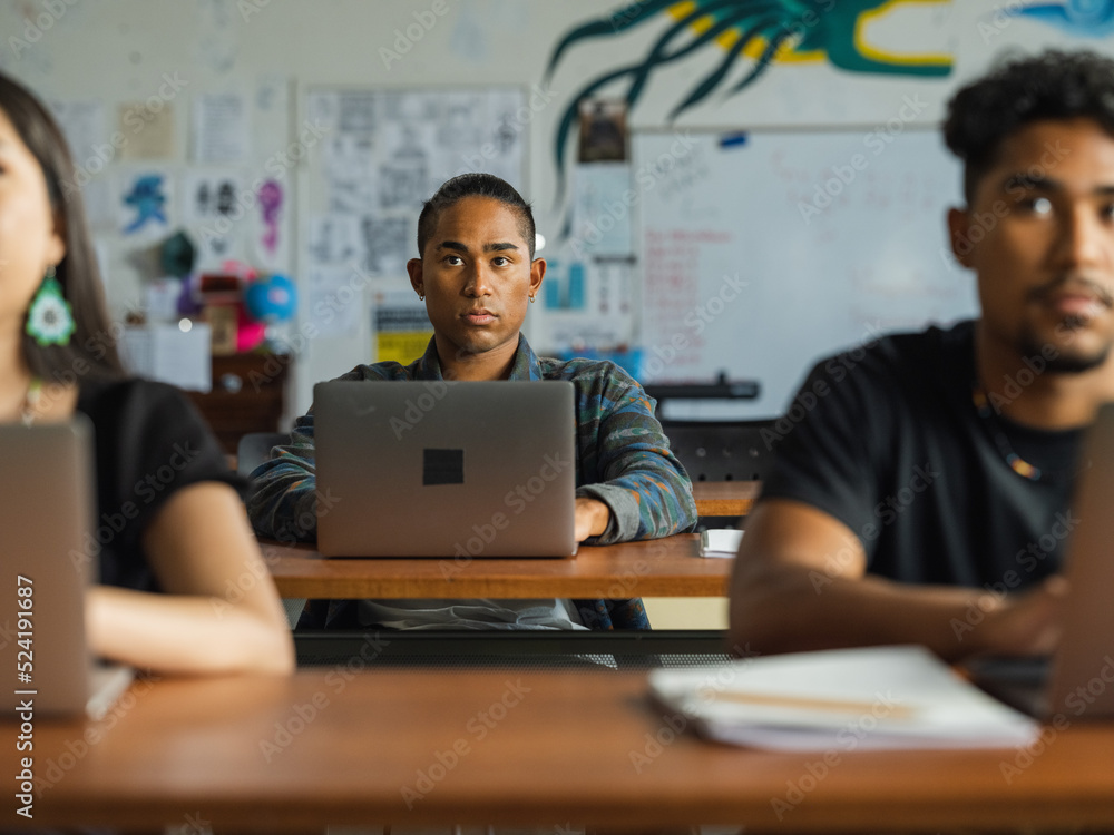 Native student sitting in the back row looking towards the front of the ...